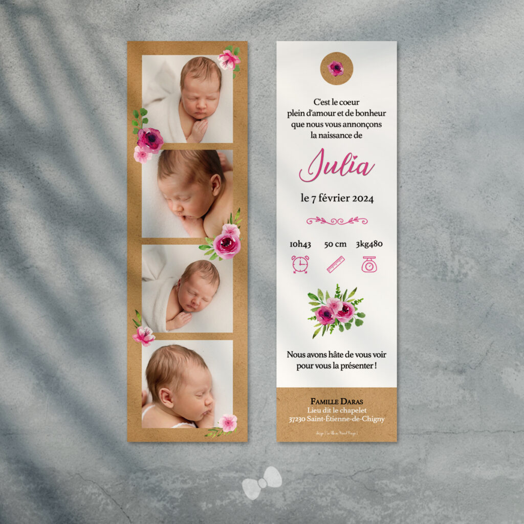 Faire part Naissance marque-page photomaton champêtre • La fille au ...