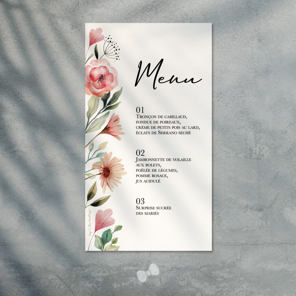 Menu 10x18cm Mariage Champêtre raffiné • La fille au Noeud Rouge ...