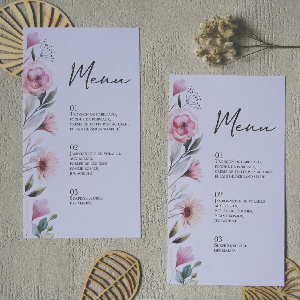 Menu 10x18cm Mariage Champêtre raffiné • La fille au Noeud Rouge ...